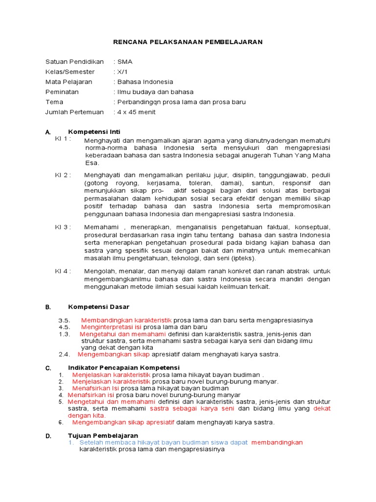 Contoh RPP Bahasa Dan Sastra Indonesia | PDF