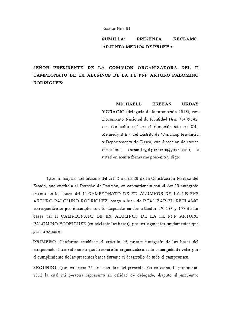 ESCRITO Nro. 01 PRESENTA RECLAMO | PDF