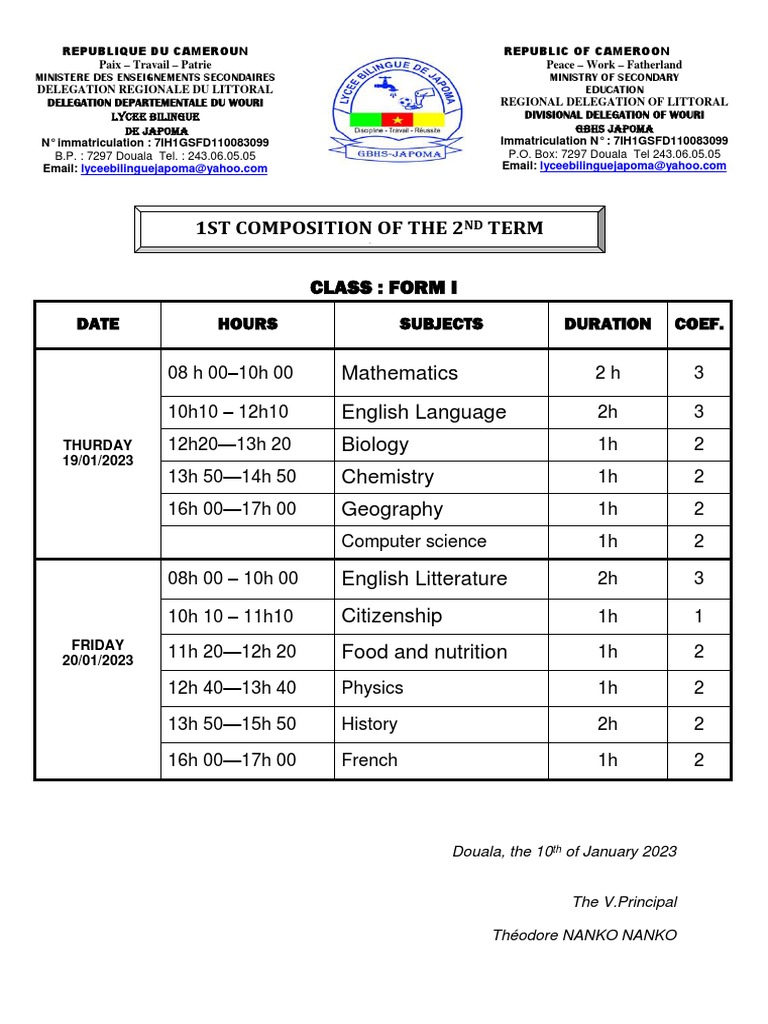 Form I-III Exam Timetable 2023 Cameroon | PDF | Cameroon | Science