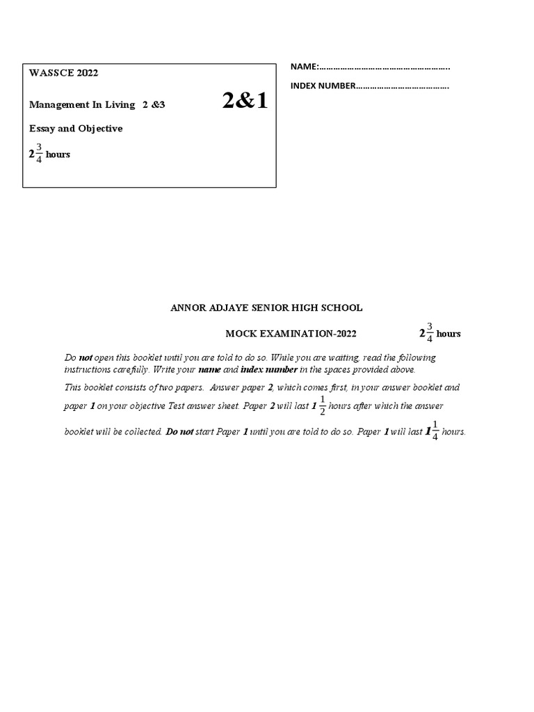WASSCE 2022 MOCK EXAMINATION ESSAY AND OBJECTIVE PAPER | PDF ...