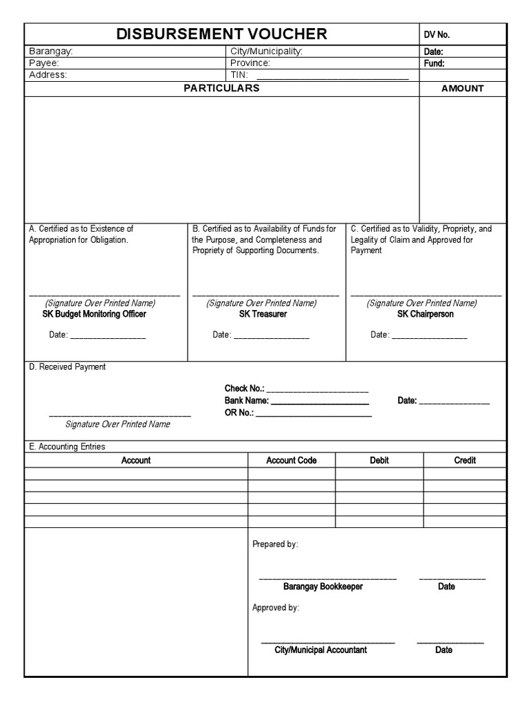 Disbursement Voucher - SK Format | PDF | Payments | Economies