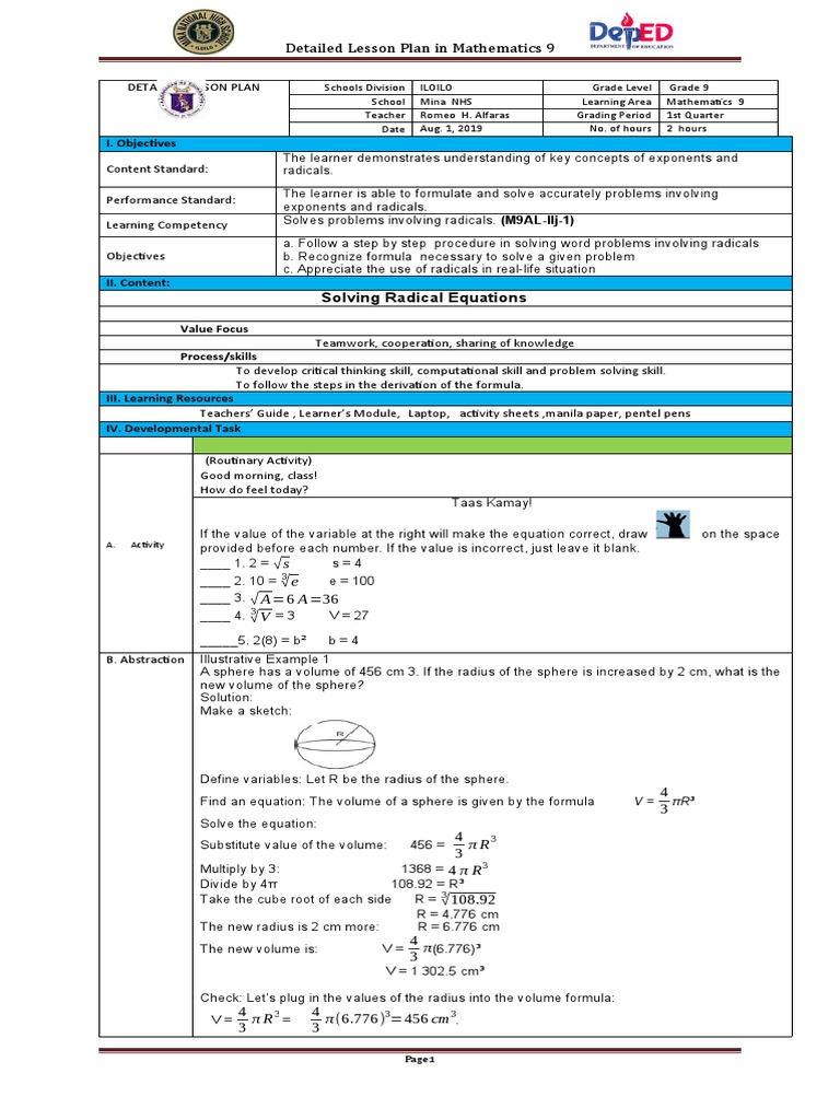 Lessonplan in Solving Radicals | PDF