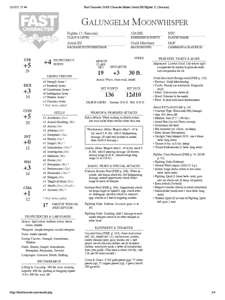 Fast Character - D&D Character Maker - Astral Elf Fighter 12 (Samurai ...