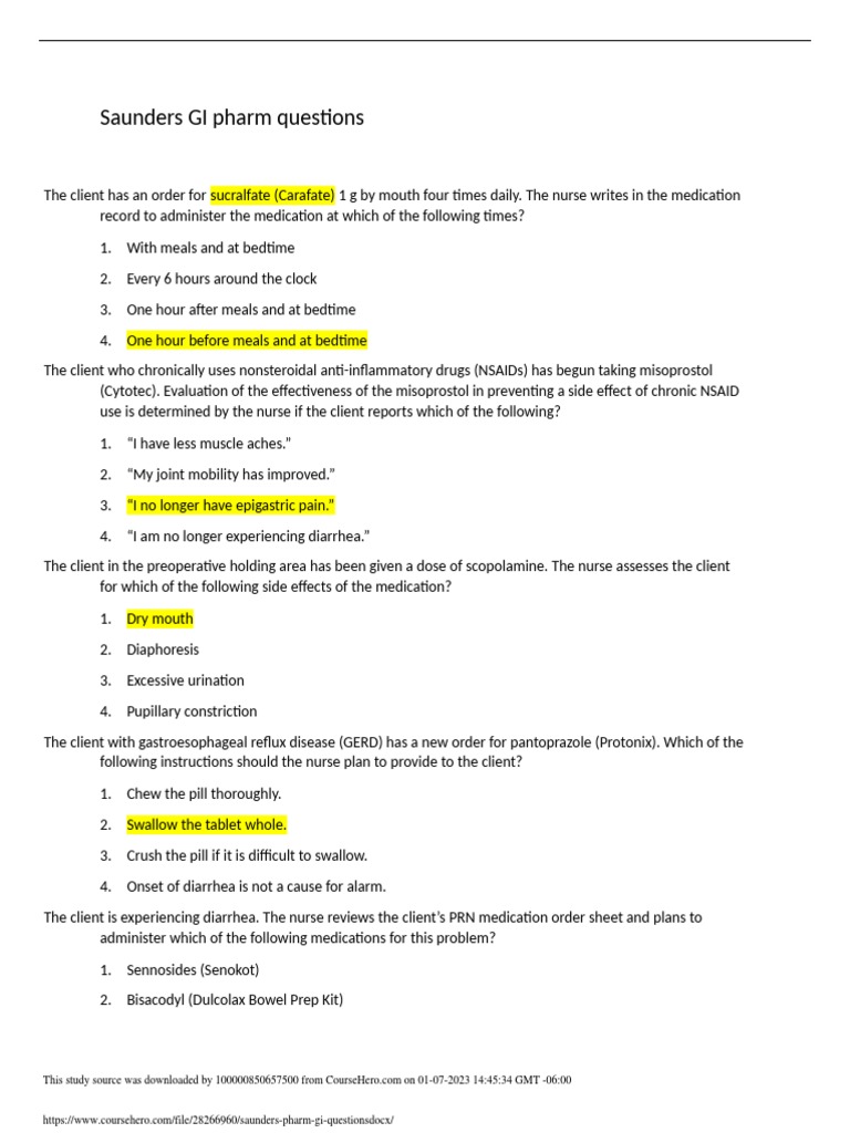 Saunders Pharm Gi Questions | PDF | Clinical Medicine | Medical Specialties