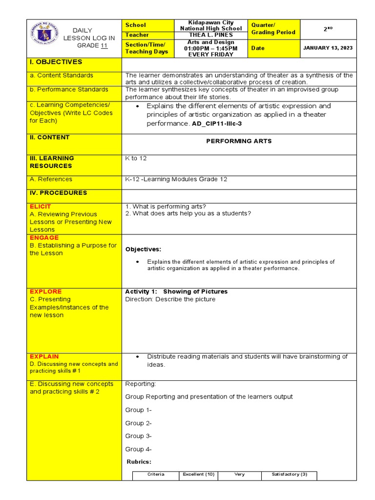 DLL SHS 11-Creative Performing Arts | PDF | Learning | Teaching Method