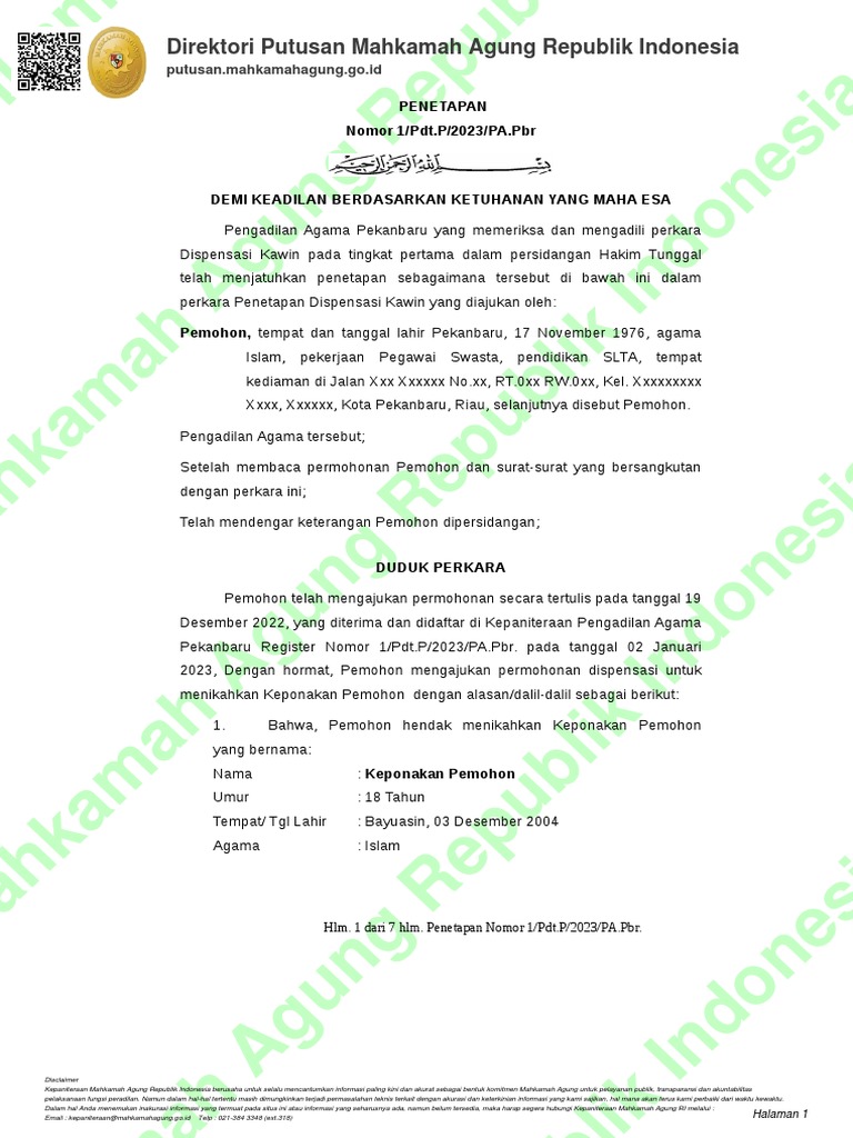 Putusan 1 PDT.P 2023 Pa - PBR 20230115093226 | PDF