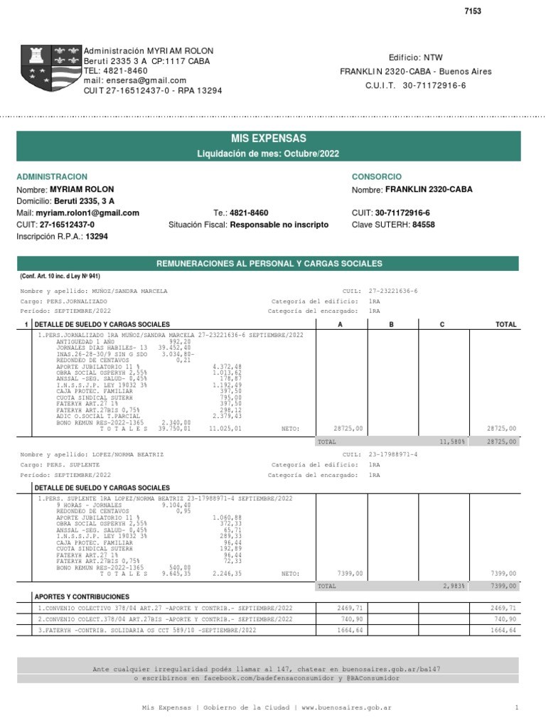 Mis Expensas: Liquidación de Mes: Octubre/2022 | PDF