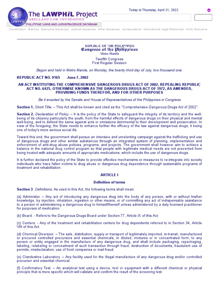 RA 9165: Comprehensive Drug Act Overview | PDF | Asset Forfeiture ...
