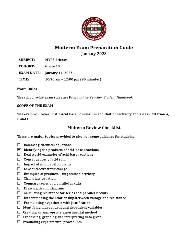 MYP5 Science Midterm Exam Guide | PDF