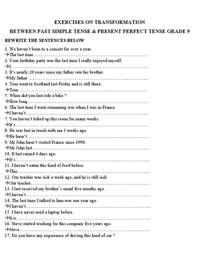 Exercises On Transformation Between Past Simple and Present Perfect ...
