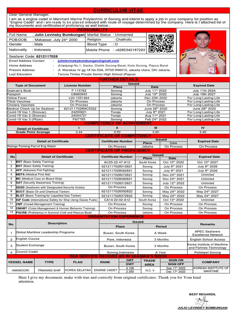 CV Engine Cadet Julio Levinsky Bumbungan | PDF | Sailor | Shipping