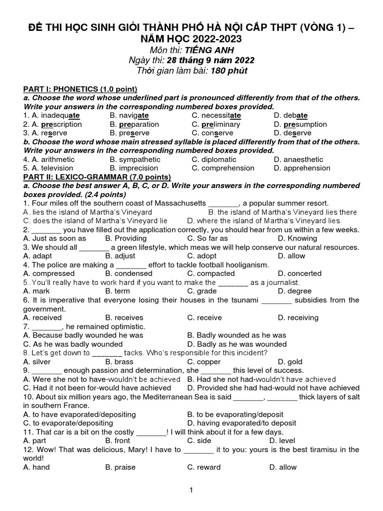 Đề thi Học sinh giỏi THPT môn Tiếng Anh thành phố Hà Nội, vòng 1 (2022-2023) | PDF | Free Will ...