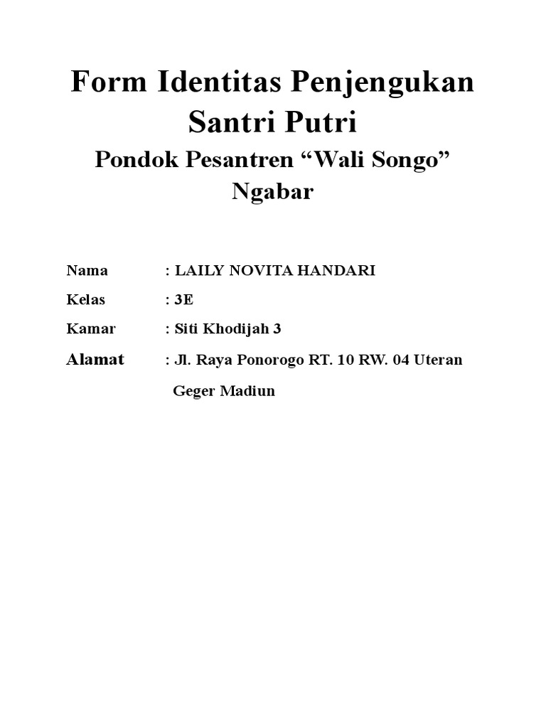 Form Identitas Penjengukan Santri Putri | PDF
