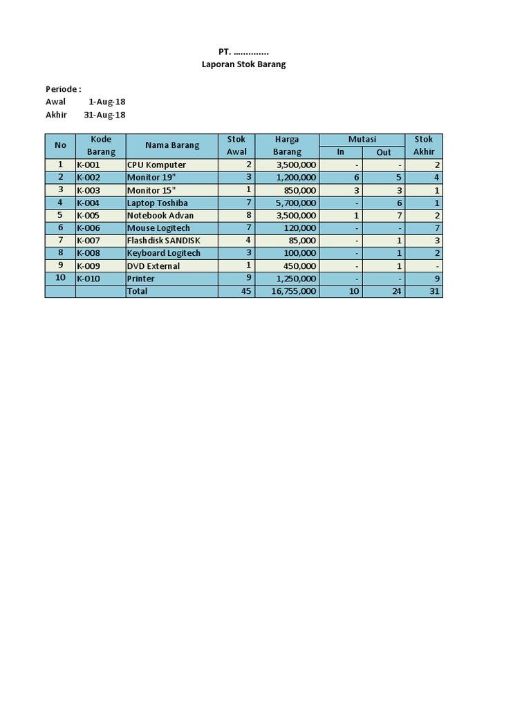 Contoh Laporan Stok Barang Excel | PDF | Laptop | Electronics