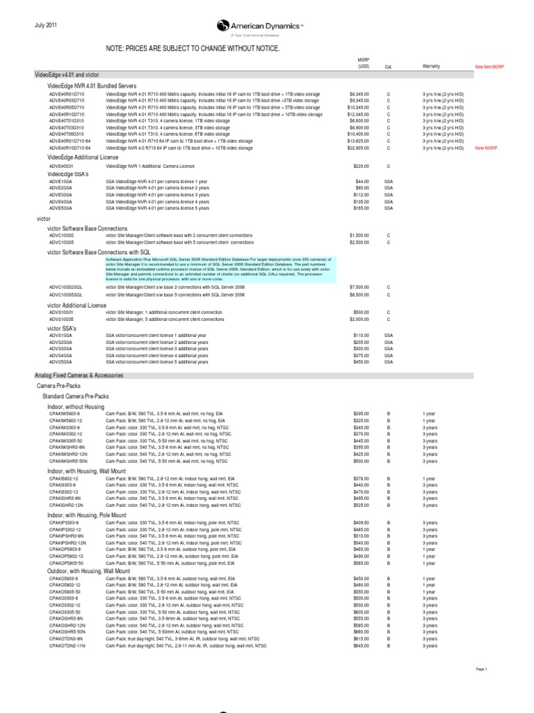 American Dynamics MSRP Price List | PDF | Camera | Microsoft Sql Server