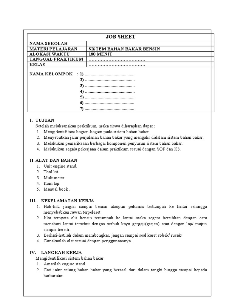 Jobsheet Sistem Sistem Bahan Bahkar Bensin | PDF