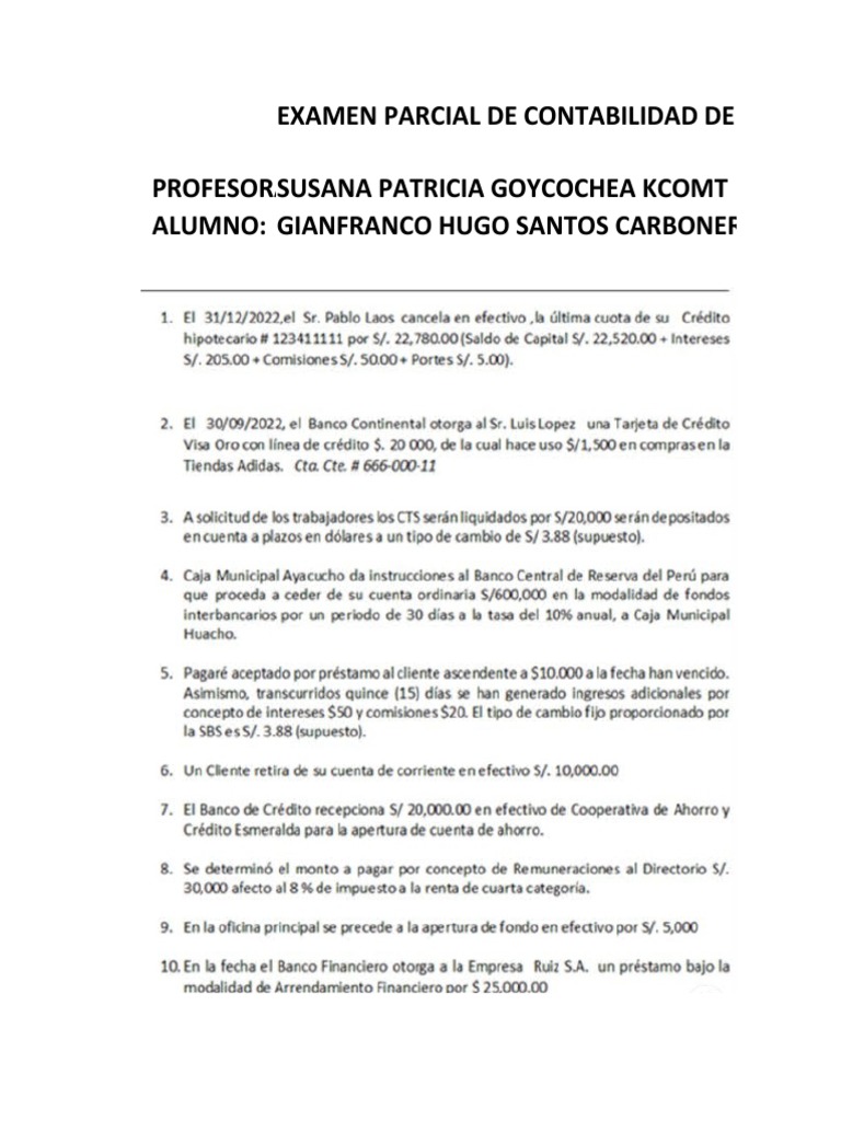 Santos Carbonero Gianfranco Examen Parcial de Contabilidad de Empresas Financieras | PDF