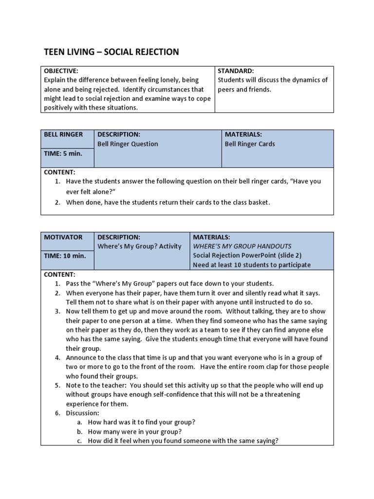 Social Rejection Lesson Plan | PDF