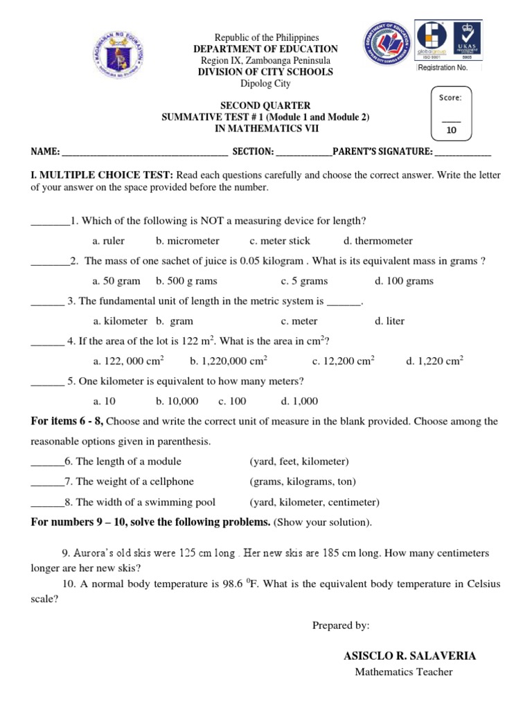 Summative Test 1 Modules 1 and 2 | PDF | Weight | Kilogram