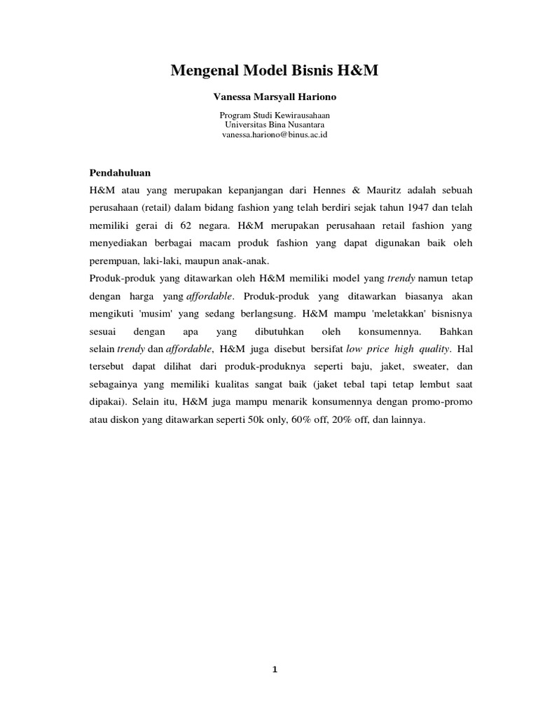 Vanessa Marsyall Hariono - Mengenal Model Bisnis H&M | PDF