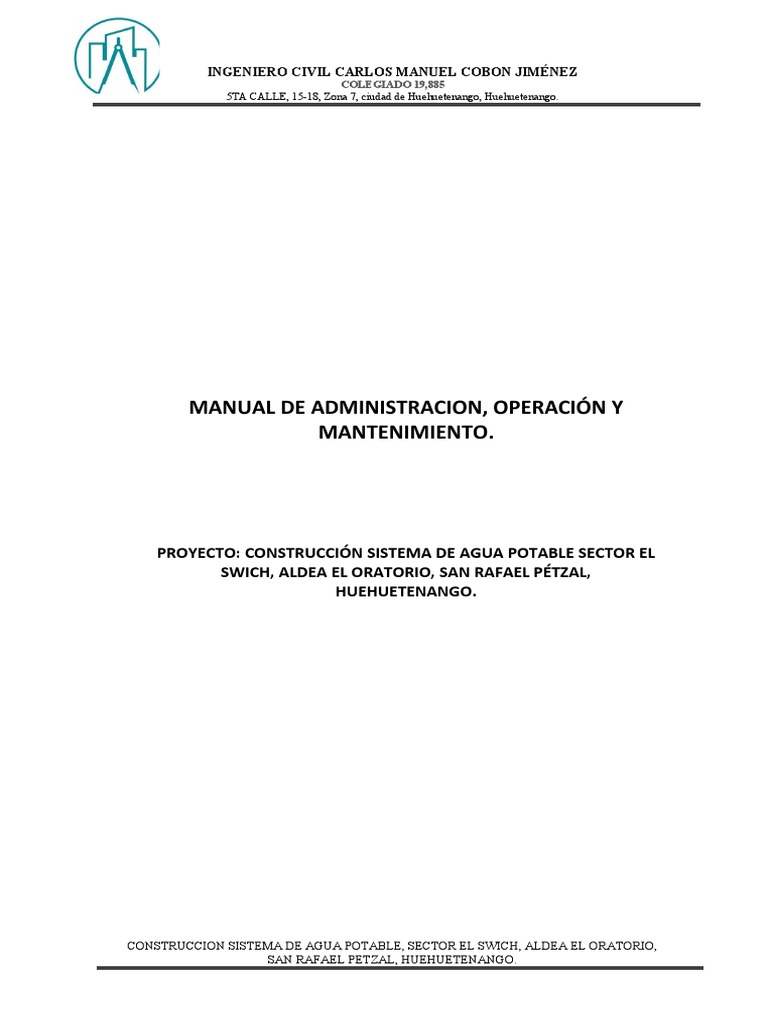 Manual y Operacion y Mantenimiento Sistema de Agua Potable | PDF
