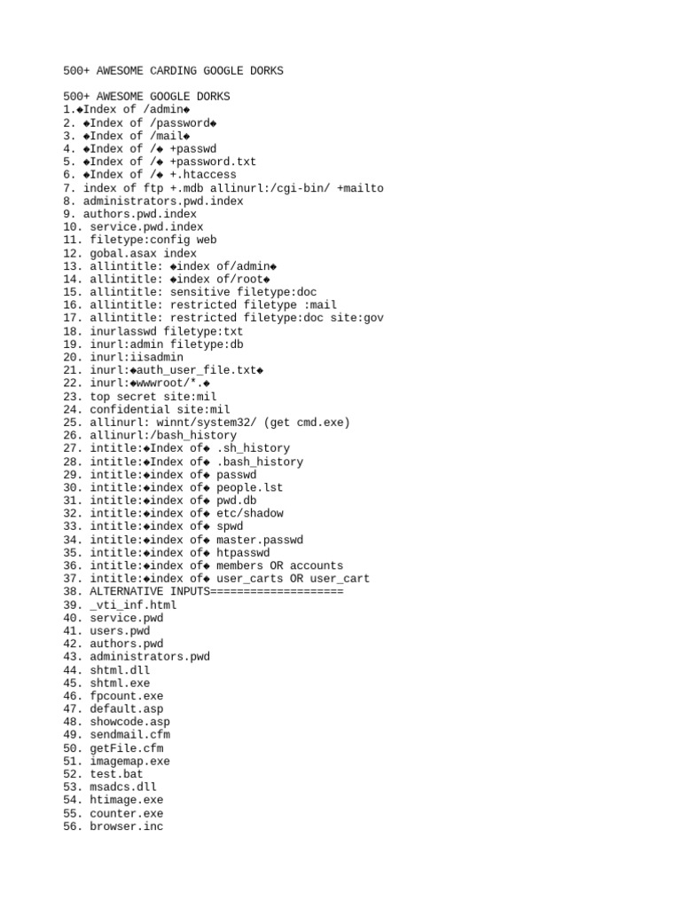 500 Dorks para CC - Carding | PDF