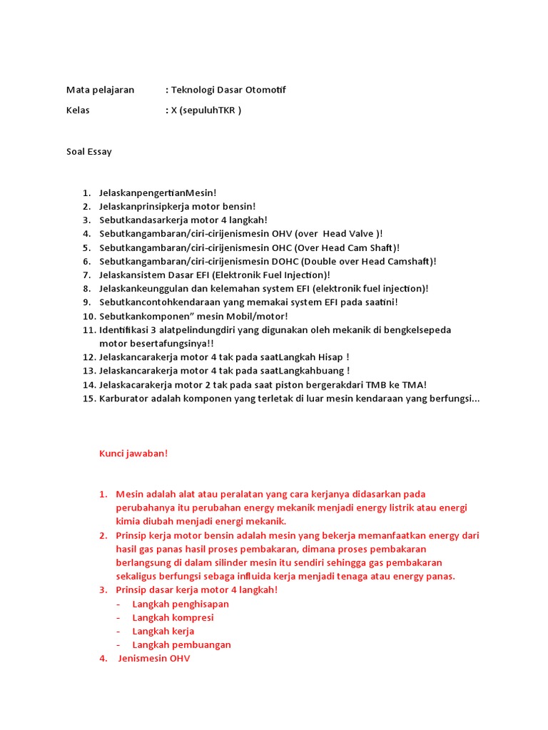 Soal Semua Mapel Produktif X Dan XI TKR | PDF