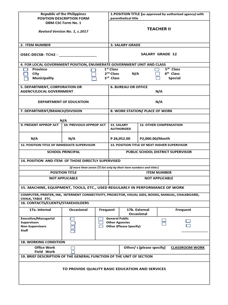 OSEC-DECSB-TCH2 - Salary Grade 12: Teacher Ii | PDF | Teachers | Classroom