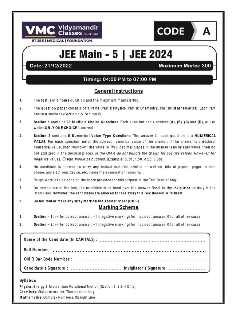 JEE Main-5 - JEE 2024 - Paper | PDF | Collision | Chemistry