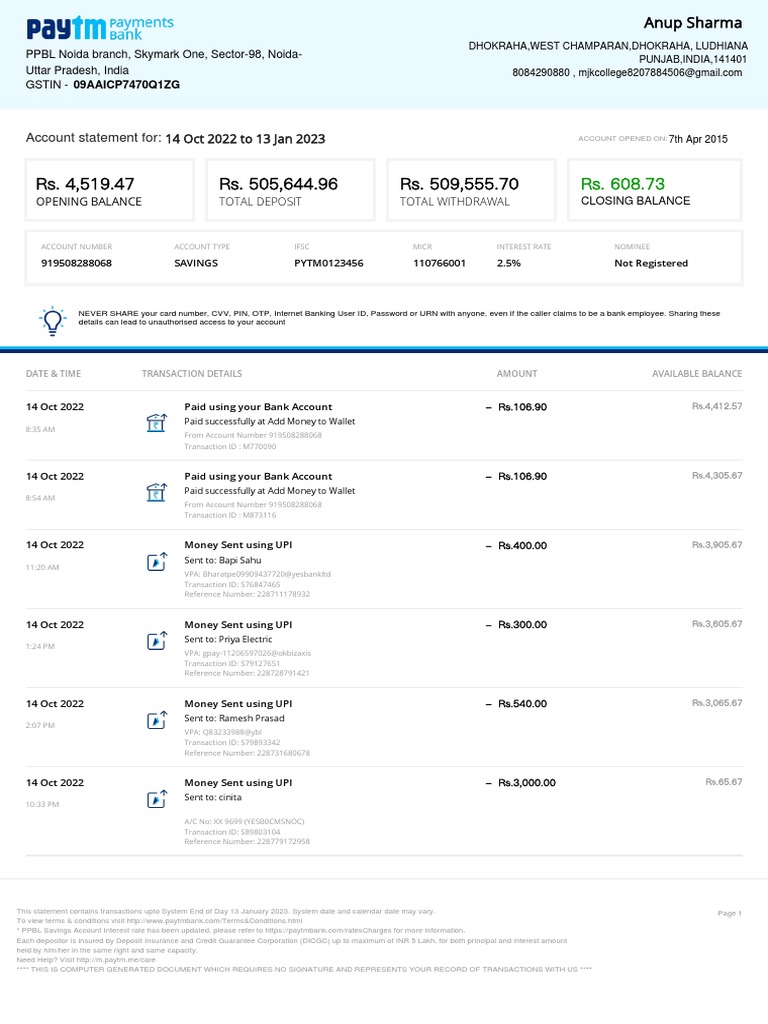 UPI Transaction Statement Summary | PDF | Deposit Account | Banks