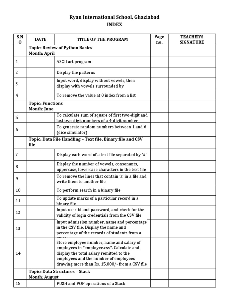 XII CS - Lab Manual Index - 2022-23 | PDF | Computer Science | Computer ...