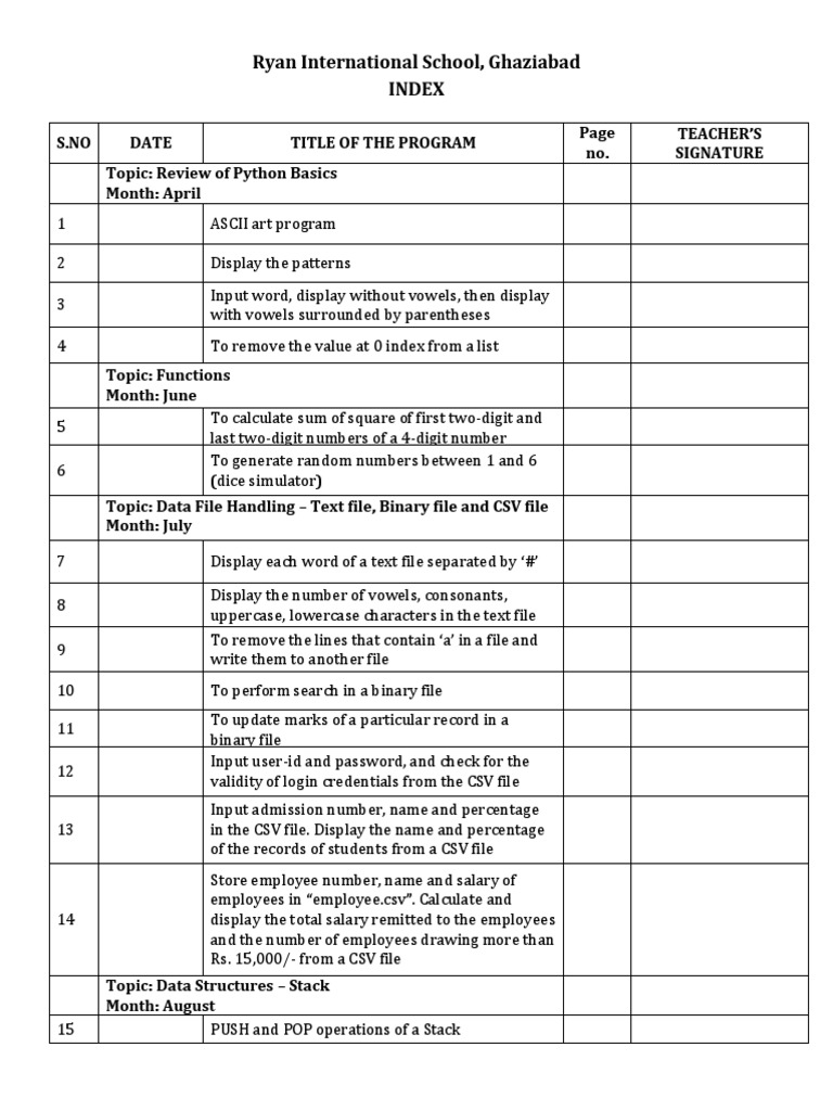 XII CS - Lab Manual Index - 2022-23 | PDF | Computer Programming | Information Science