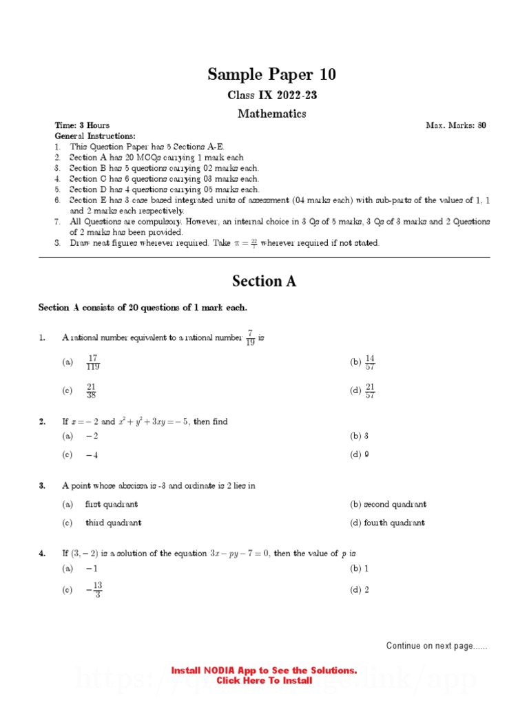 MA Sample Paper 10 Unsolved | PDF | Equations | Sphere