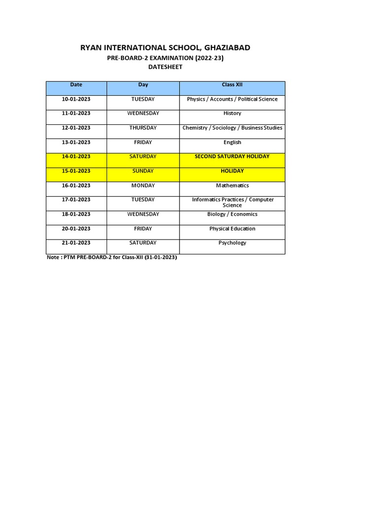 Date-Sheet Pre-Board-2 Examination Class XII (2022-2023) | PDF