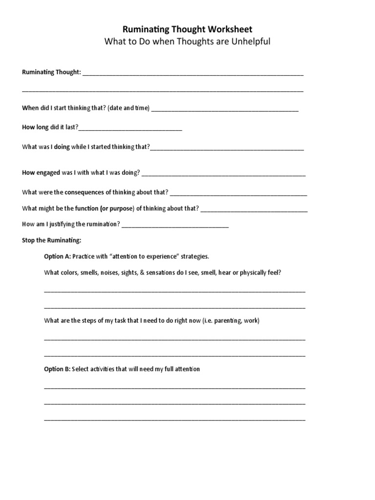 Ruminating Thought Worksheet Guide | PDF | Psychology