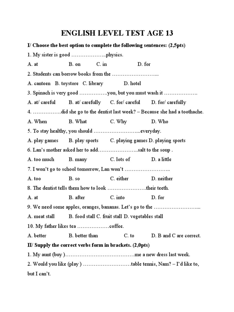 English Level Test Age 13 | PDF