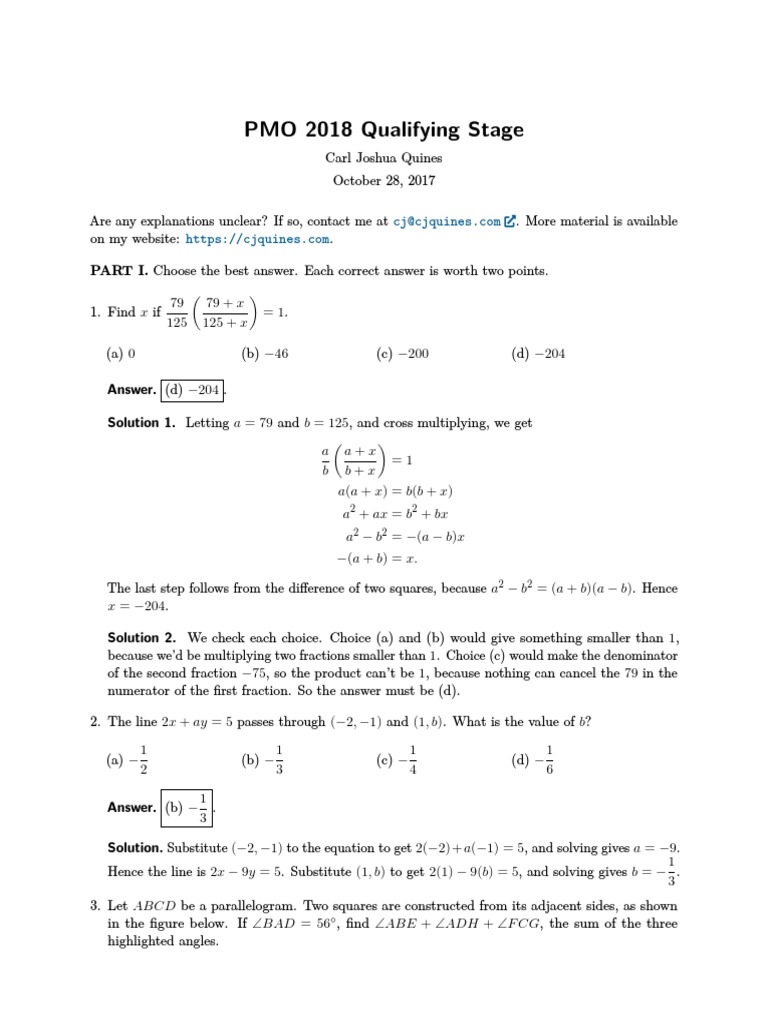 PMO 2018 Qualifying Stage Solutions | PDF | Logarithm | Polynomial