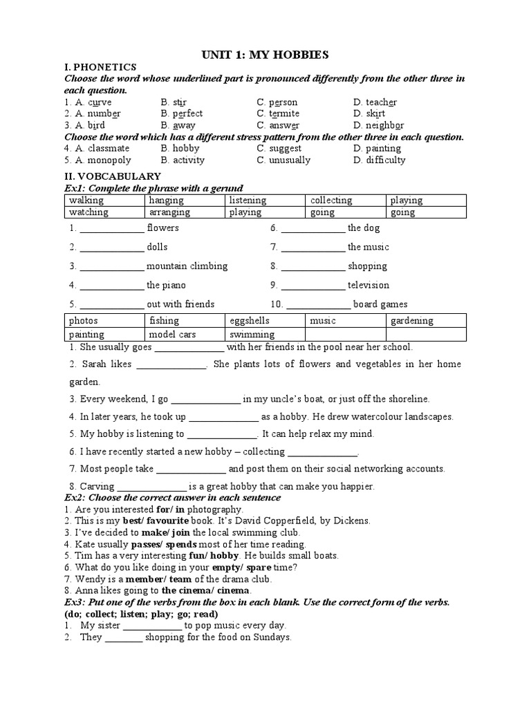 Unit 1: My Hobbies for Grade 7 | PDF | Sports & Recreation