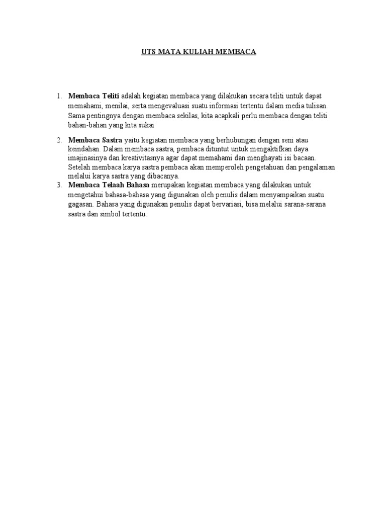 Uts Mata Kuliah Membaca (Bu Yunita) | PDF
