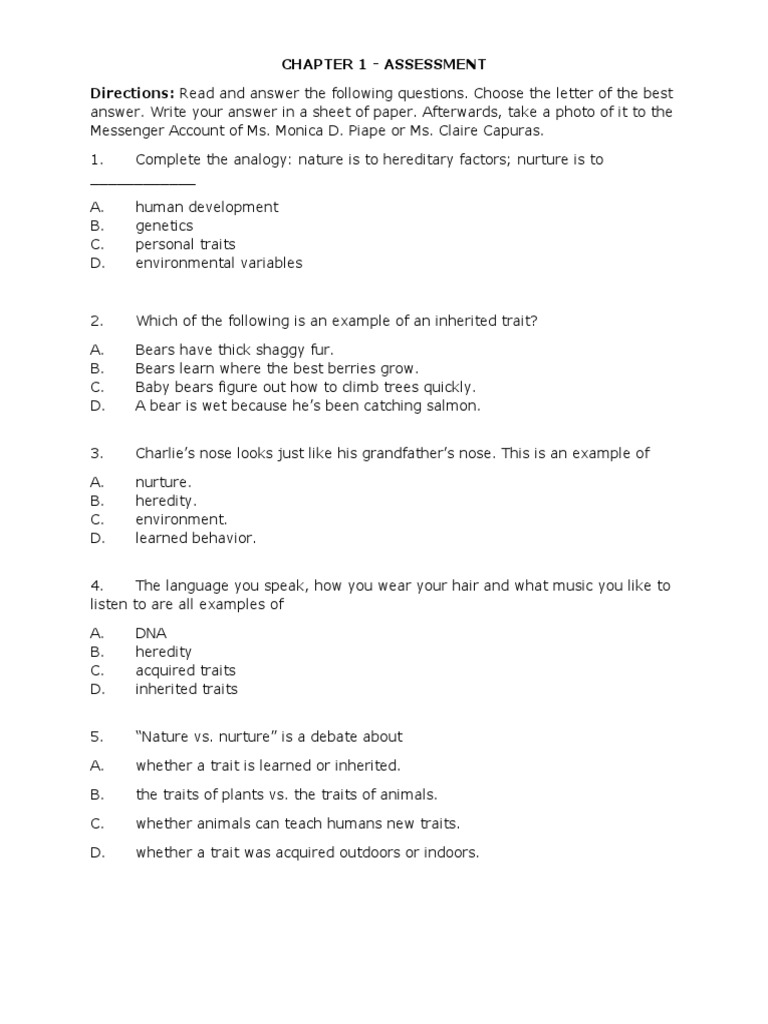 Chapter 1 Assessment | PDF | Id | Nature Versus Nurture