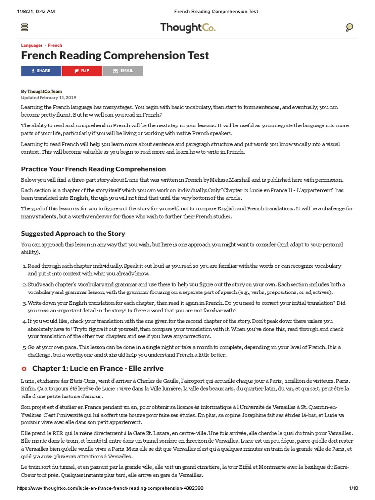 French Reading Comprehension Test | PDF | Reading Comprehension ...