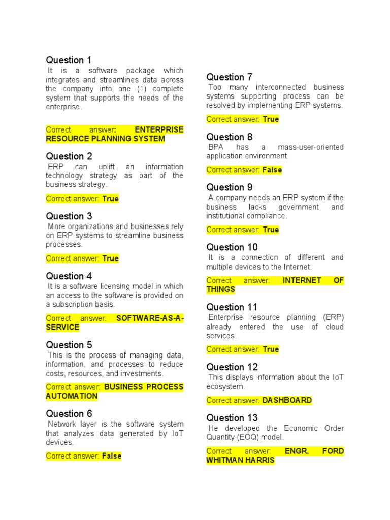 Quiz | PDF | Enterprise Resource Planning | Internet Of Things