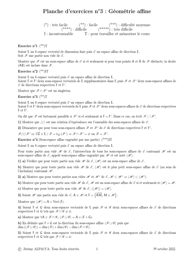 Planche D'exercices N°3 Géométrie Affine Tutorat 19 Octobre 2022 | PDF ...