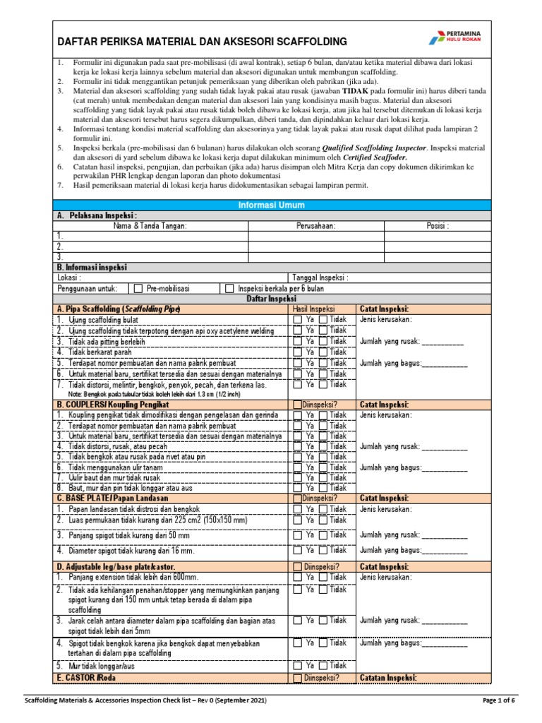Daftar Periksa Inspeksi Scaffolding | PDF