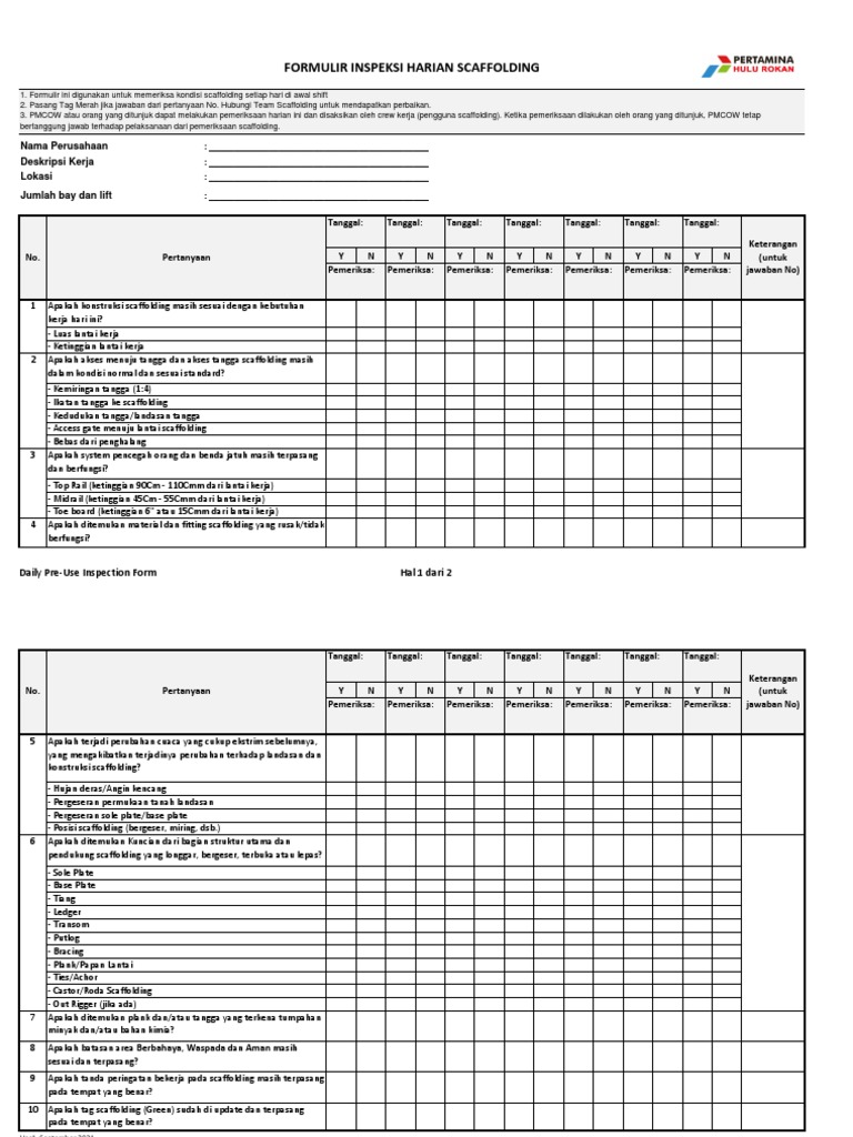 SWP Scaffolding Daily Pre Use Inspection Form | PDF