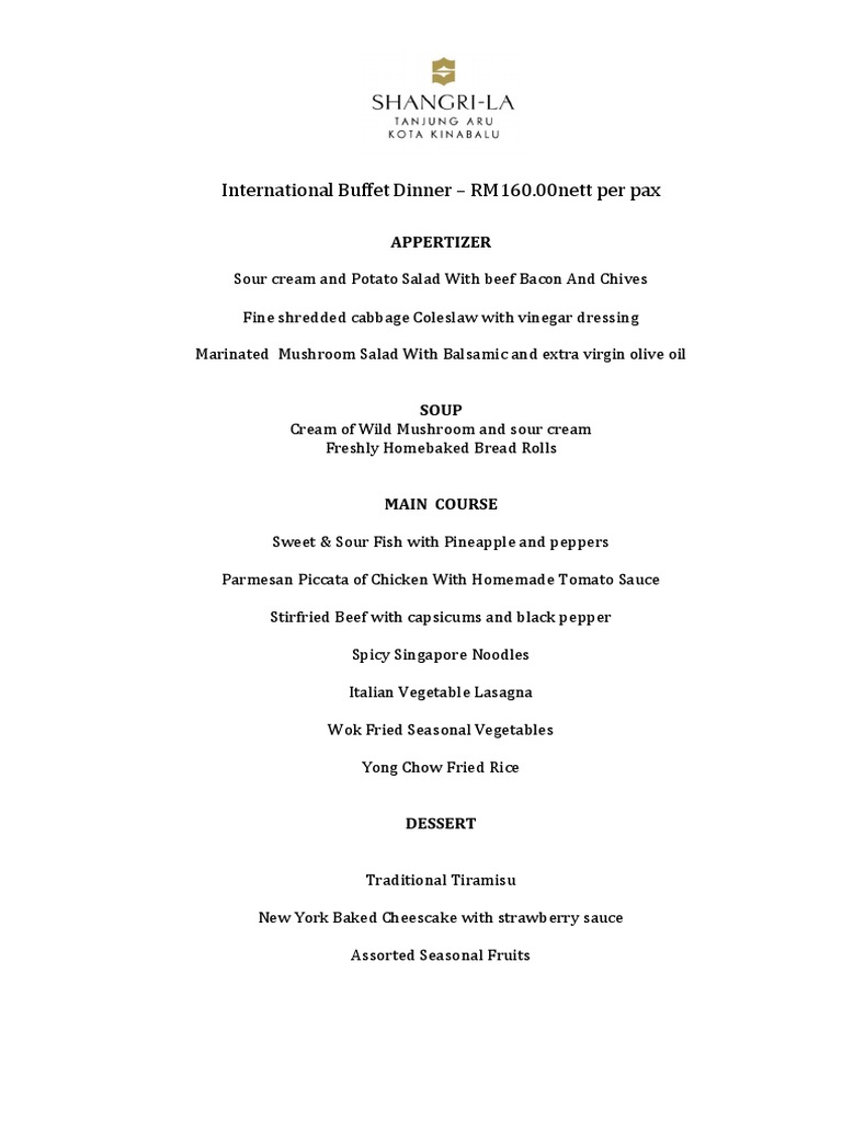 International Buffet Menu - RM160.00nett Per Pax (2022) | PDF