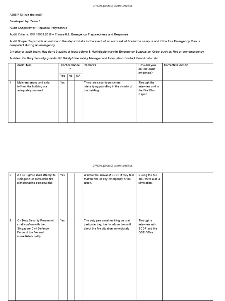 ISO 45001 Fire Safety Audit Checklist | PDF | Audit | Emergency Management