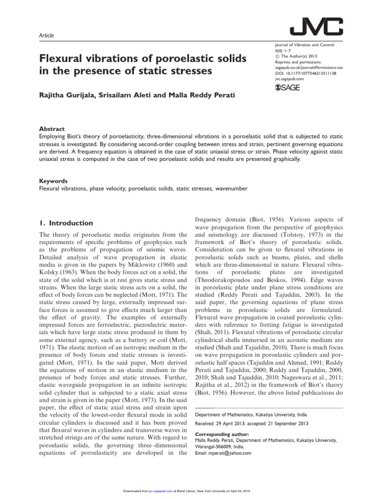 Flexural Vibrations of Poroelastic Solids in The Presence of Static ...