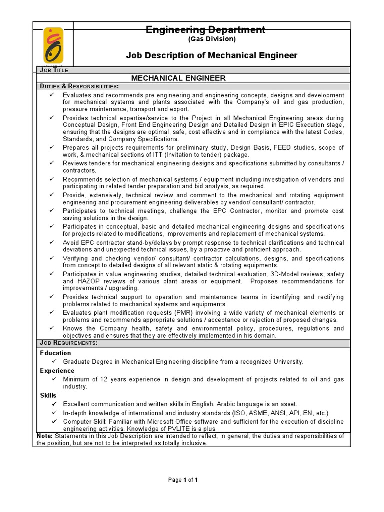Job Description-Mechanical Engineer | PDF | Engineering Design Process ...