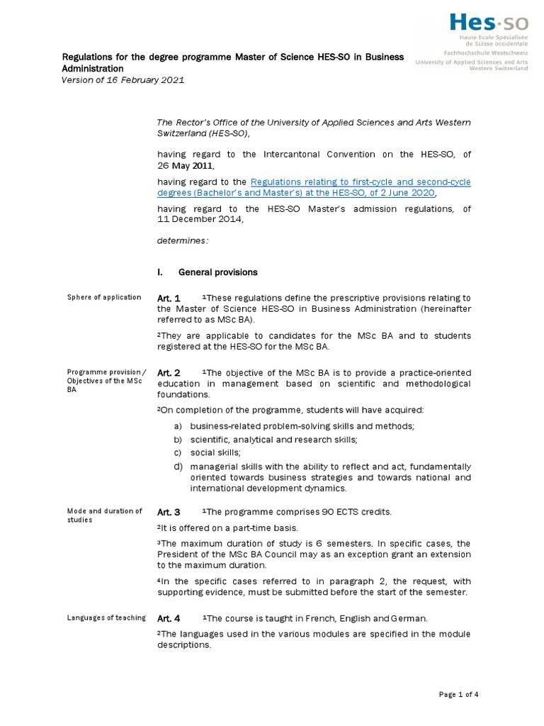 Règlement de Filière Master of Science HES-SO en Business Administration - EN | PDF